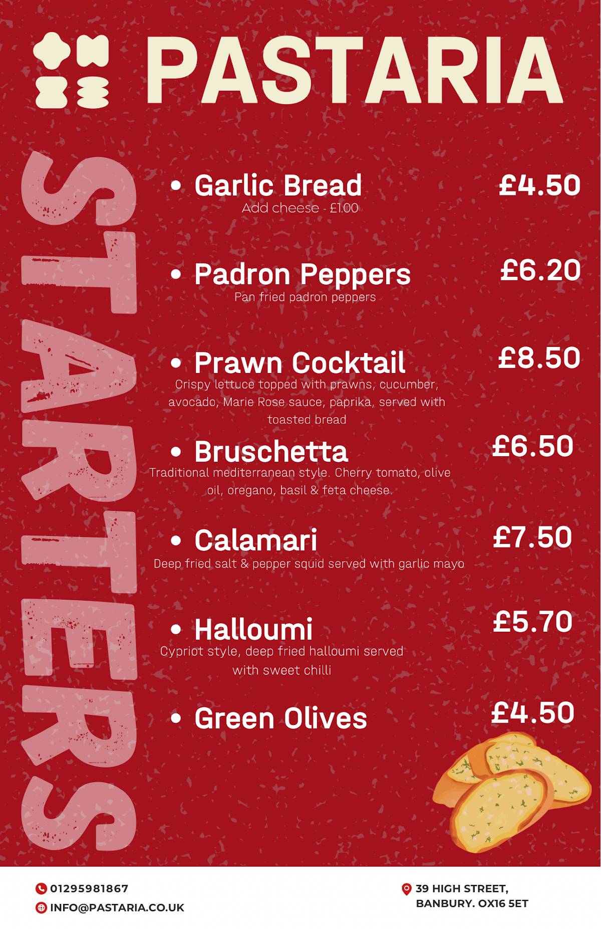 Menu at Pastaria restaurant, Banbury
