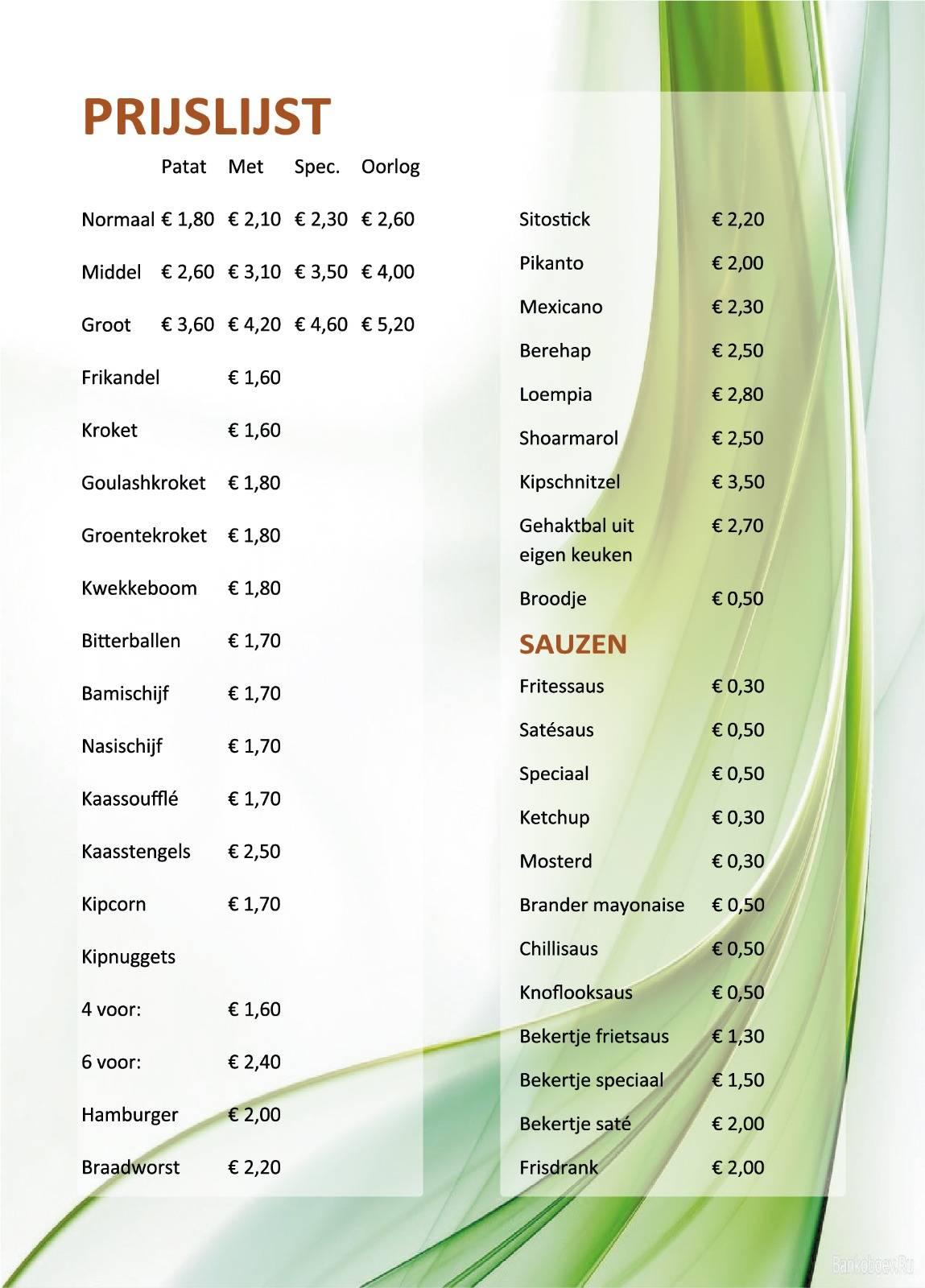 Menu au Patatkraam snackbar Duinkerken Gramsbergen, Gramsbergen