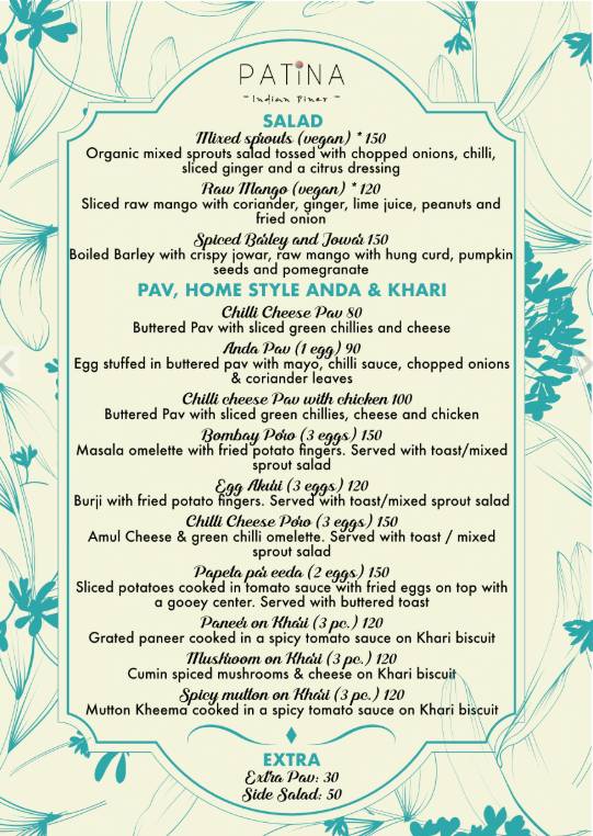Menu at Patina - Indian Diner, Chennai