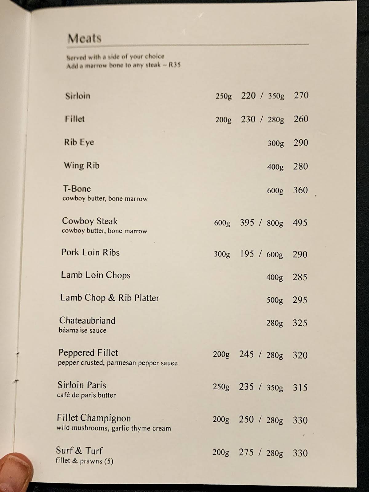 Menu at Patina Steak @ D'Aria restaurant, Cape Town