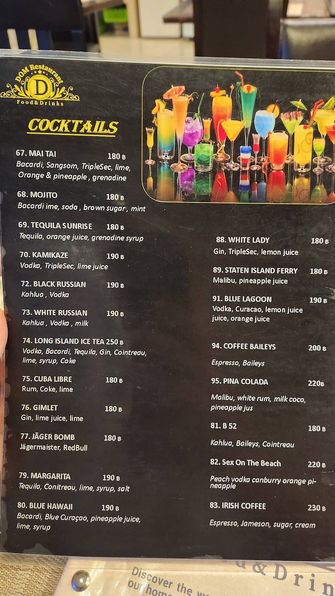 Menu at Dom Pizza restaurant, Pattaya City