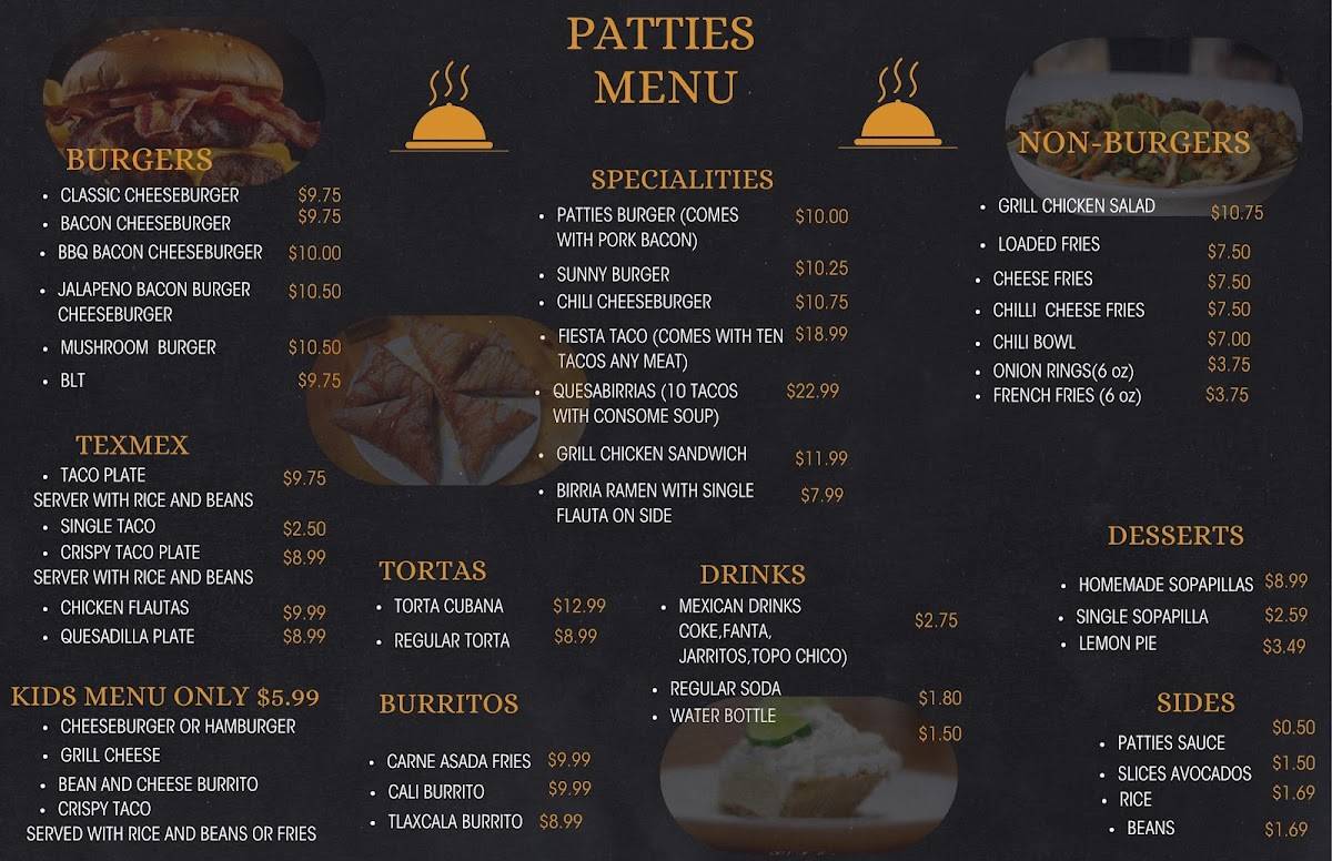 Menu at Patties Burgers and Mexican Restaurant, Burleson
