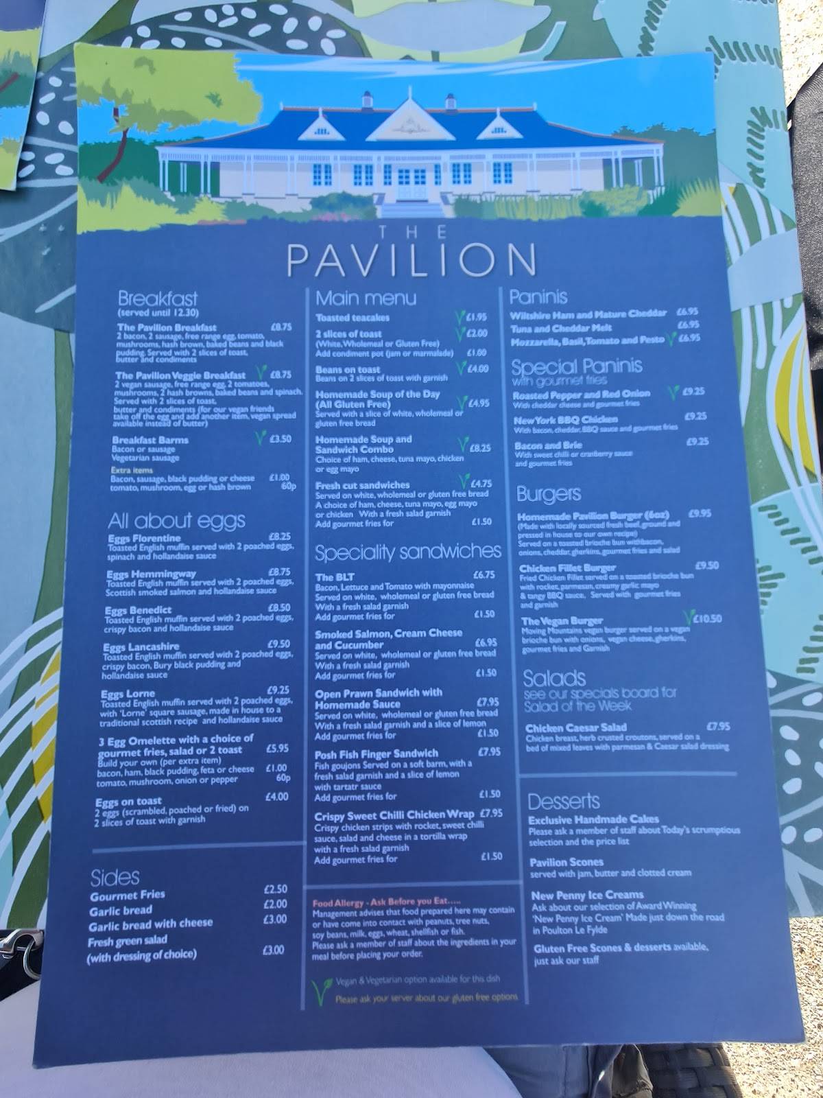 Menu at Pavilion Café in Ashton Gardens cafe, Lytham Saint Annes