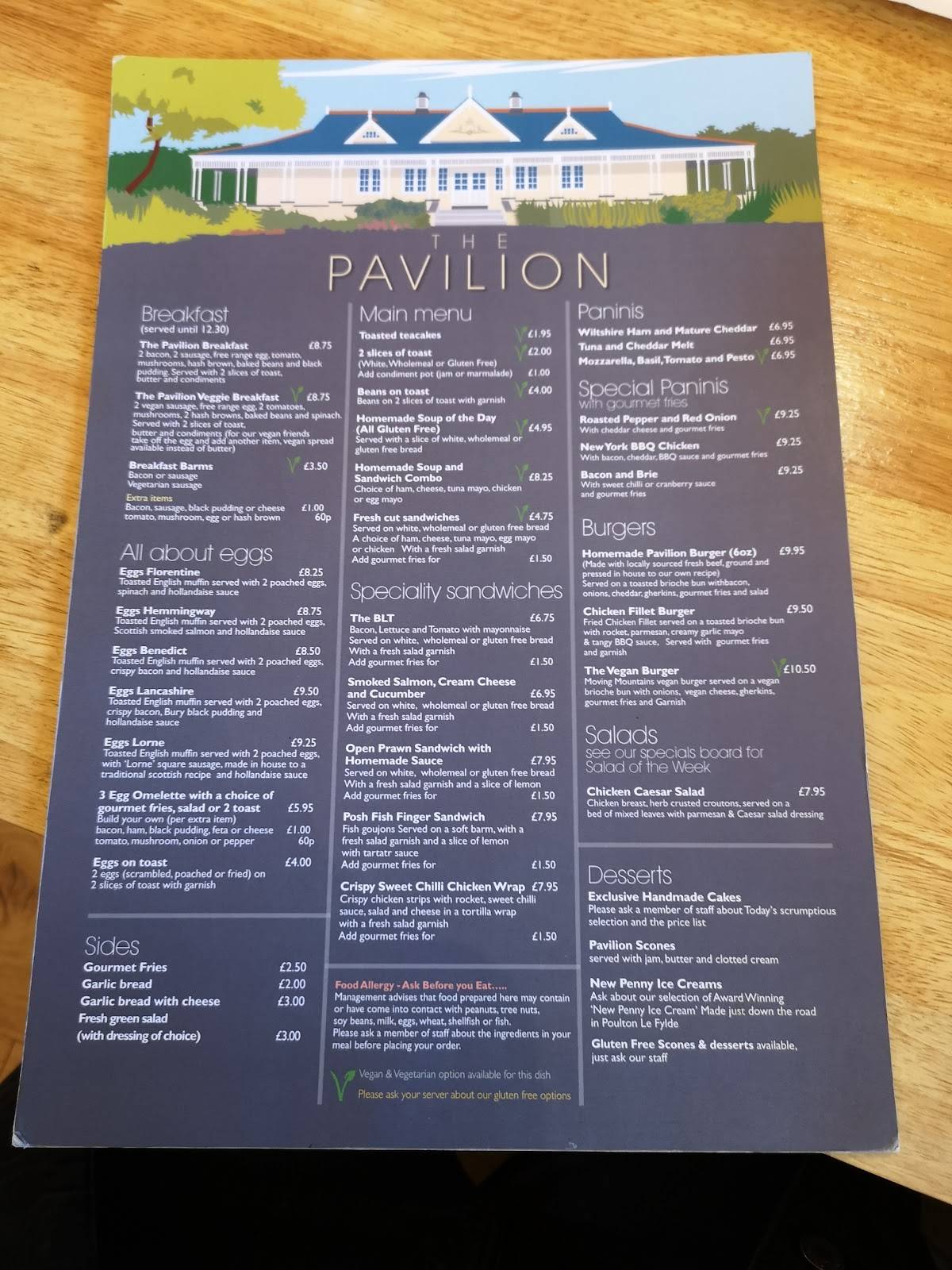 Menu at Pavilion Café in Ashton Gardens cafe, Lytham Saint Annes
