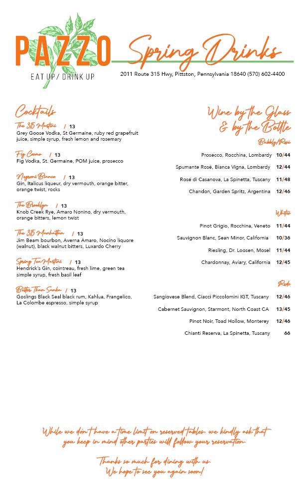 Menu at Pazzo restaurant, Pittston