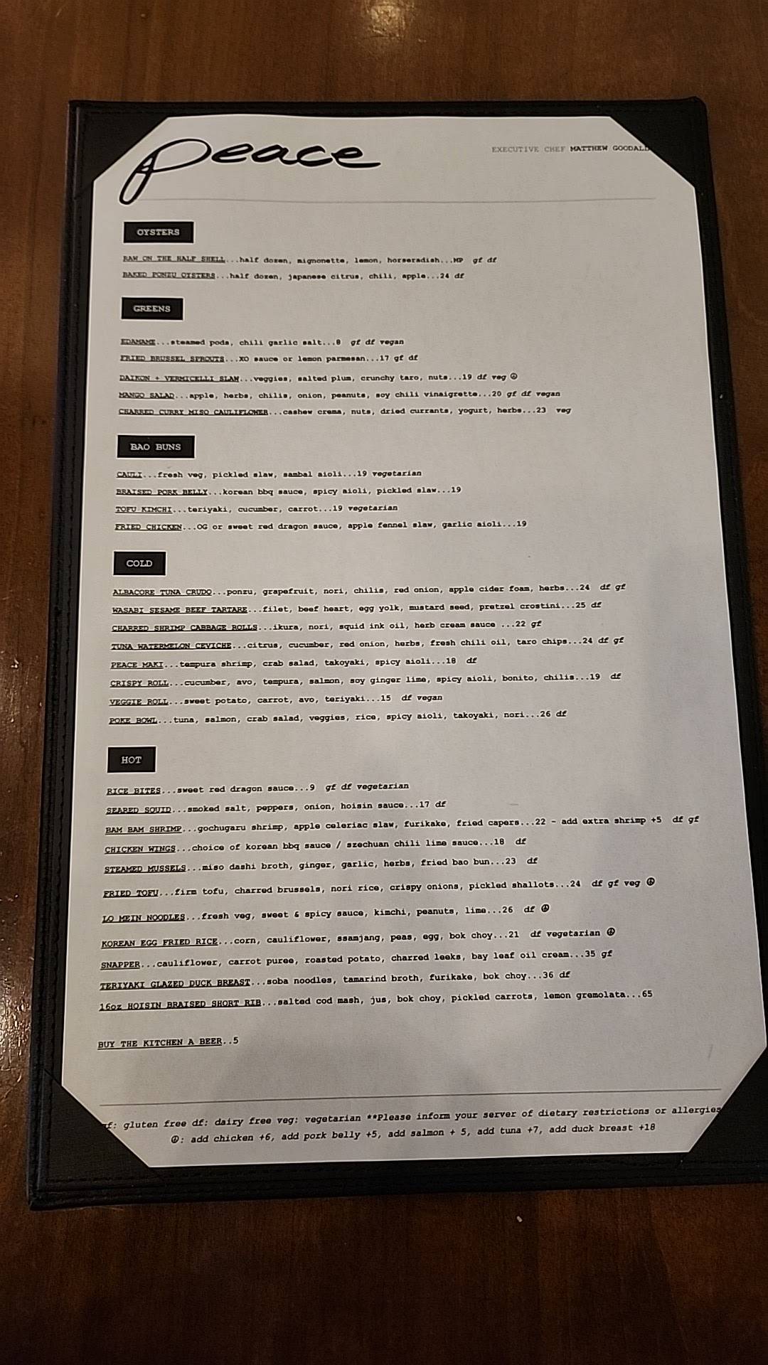 Menu at Peace Restaurant, Sault Ste. Marie