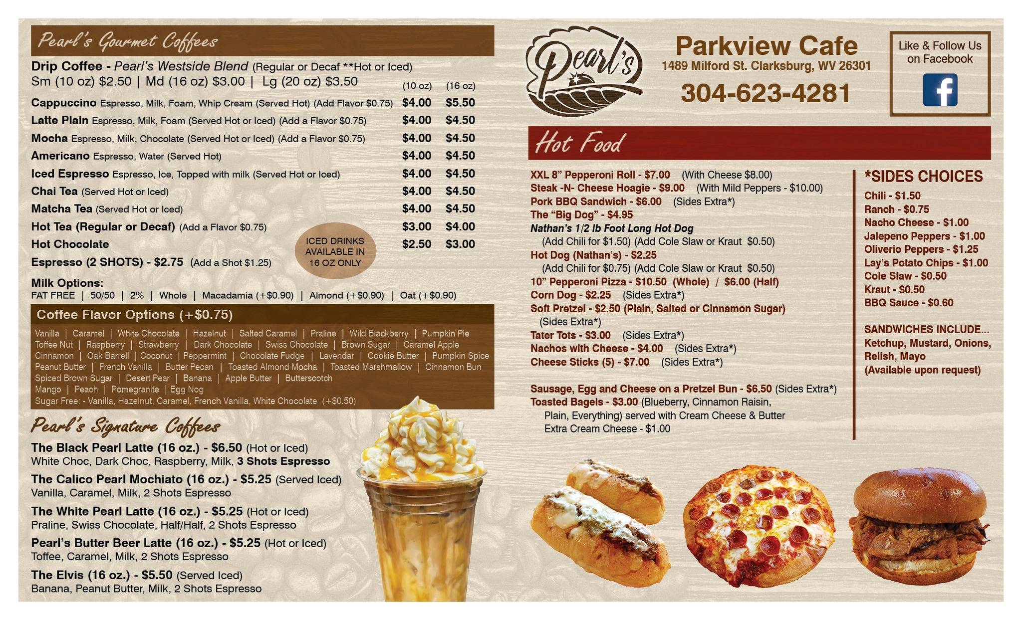 Menu at Pearl's Parkview Cafe, Clarksburg