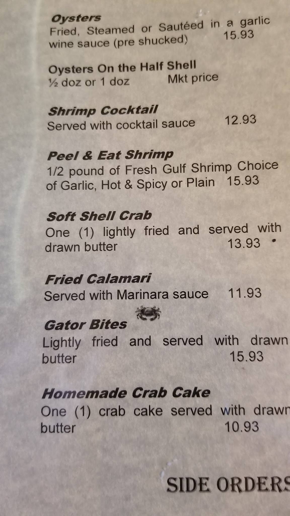 Menu at Peck's Old Port Cove restaurant, Crystal River