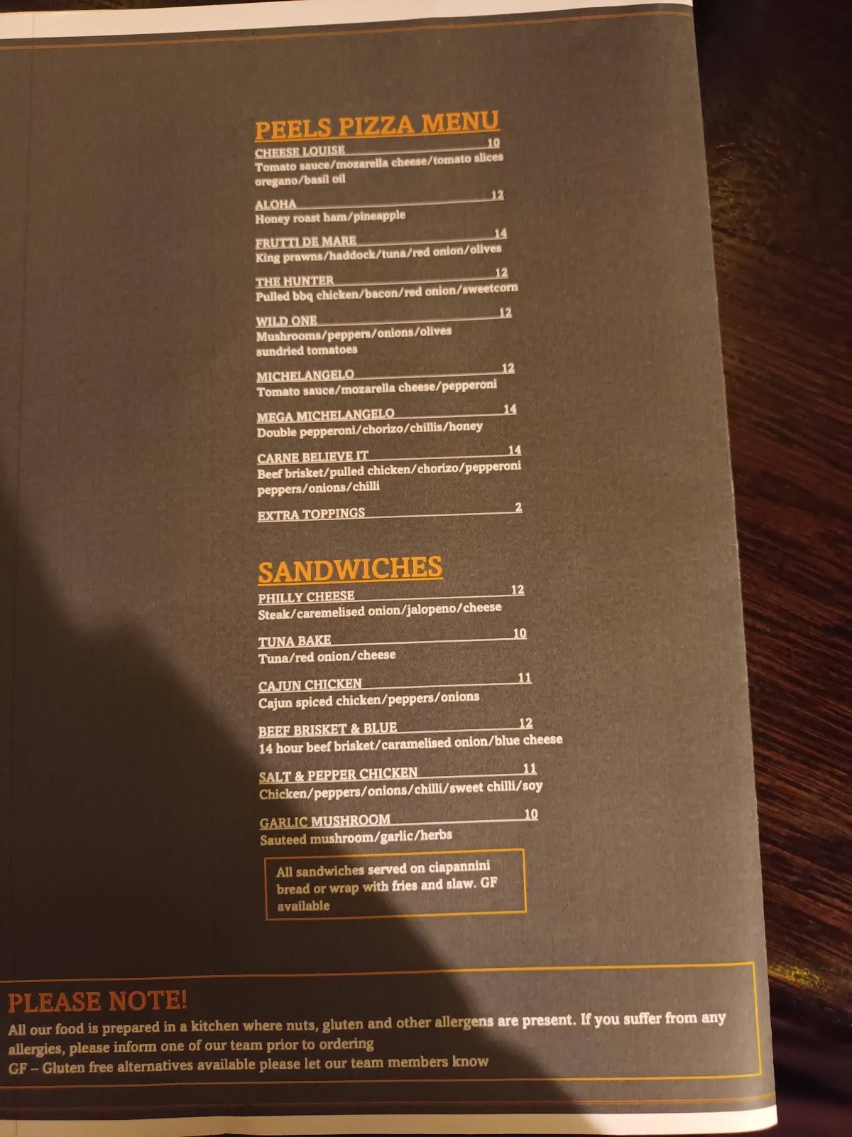 Menu at Peels Arms pub & bar, Glossop