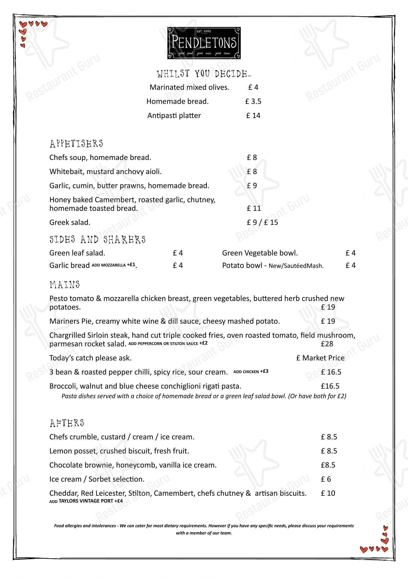 Menu at Pendletons restaurant, Shanklin