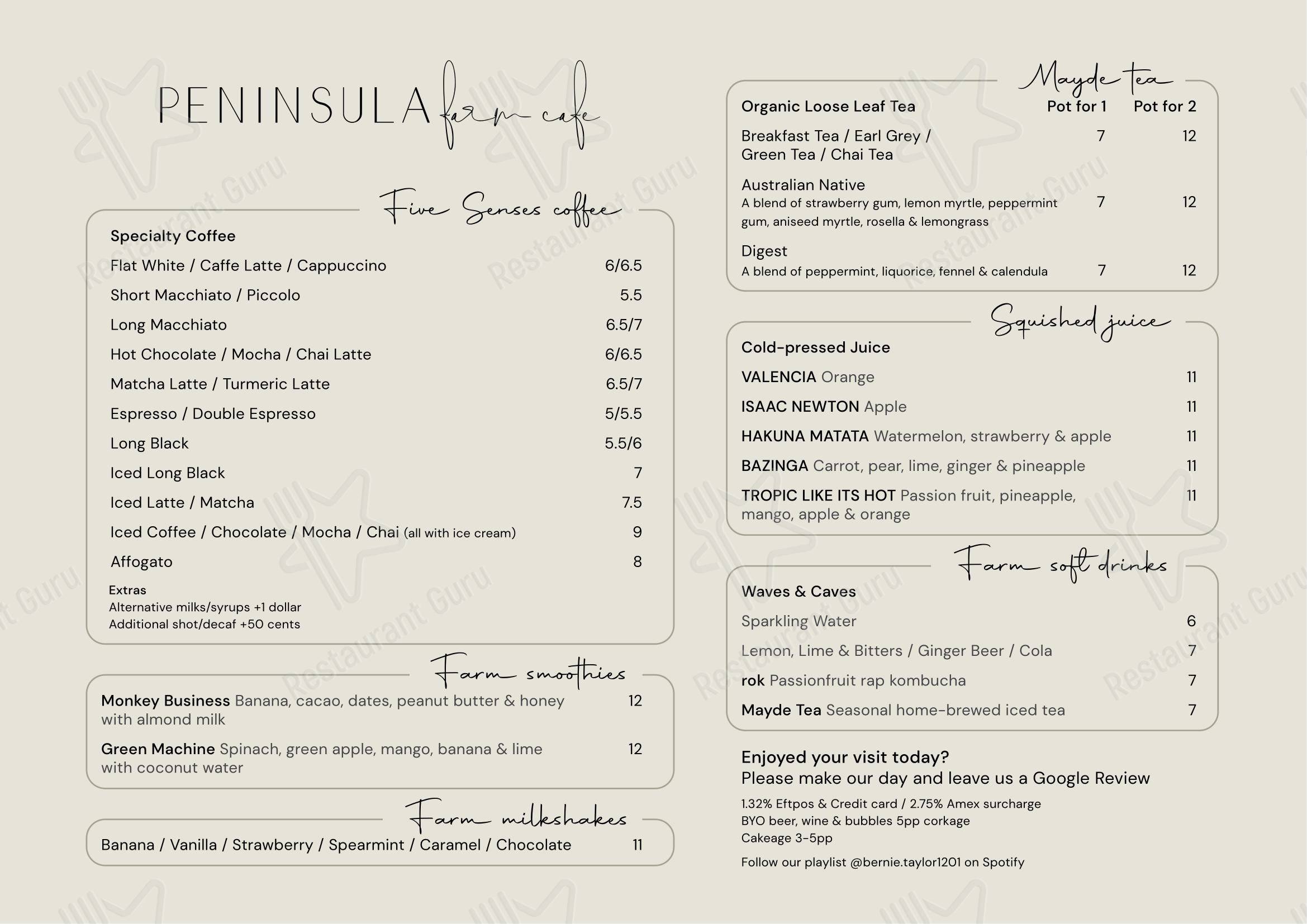 Menu at Peninsula Farm Cafe, Maylands