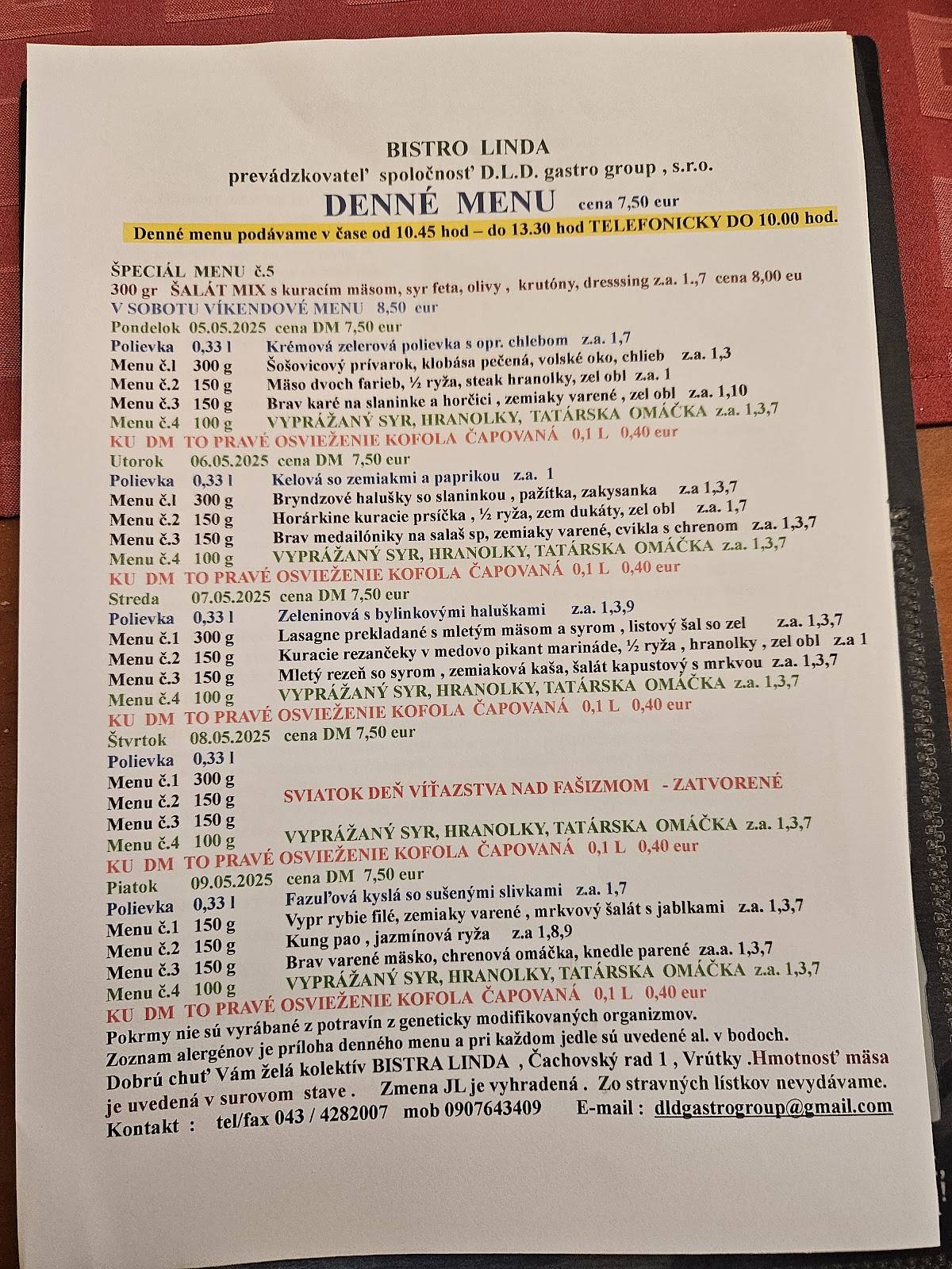 Menu at Penzion Linda restaurant, Vrútky