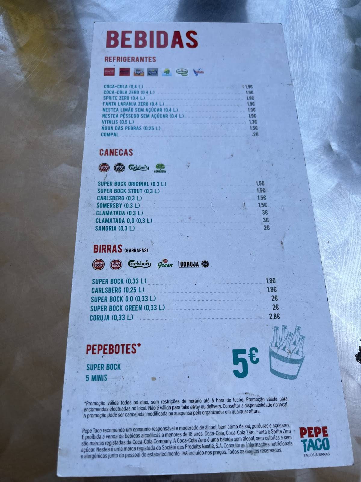 Menu at Pepe Taco restaurant, Lisbon