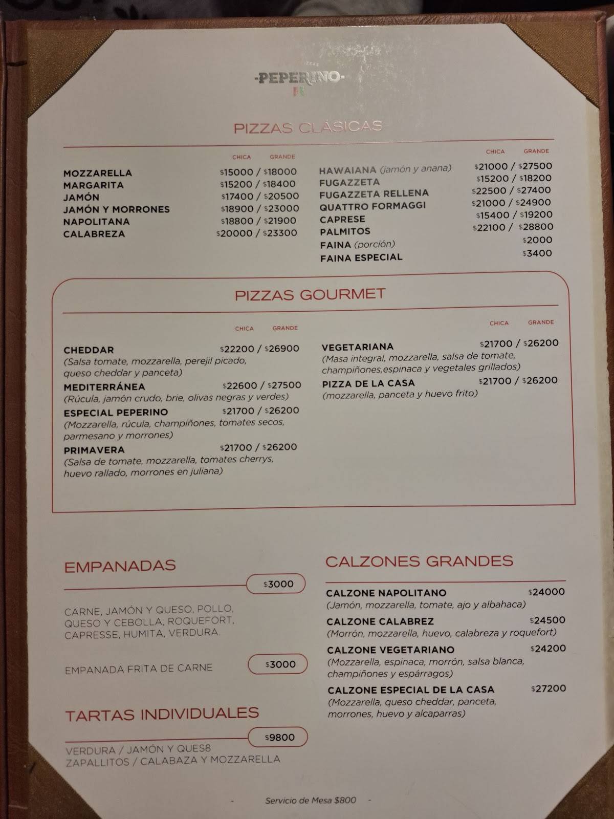 Carta del restaurante Peperino, San Miguel