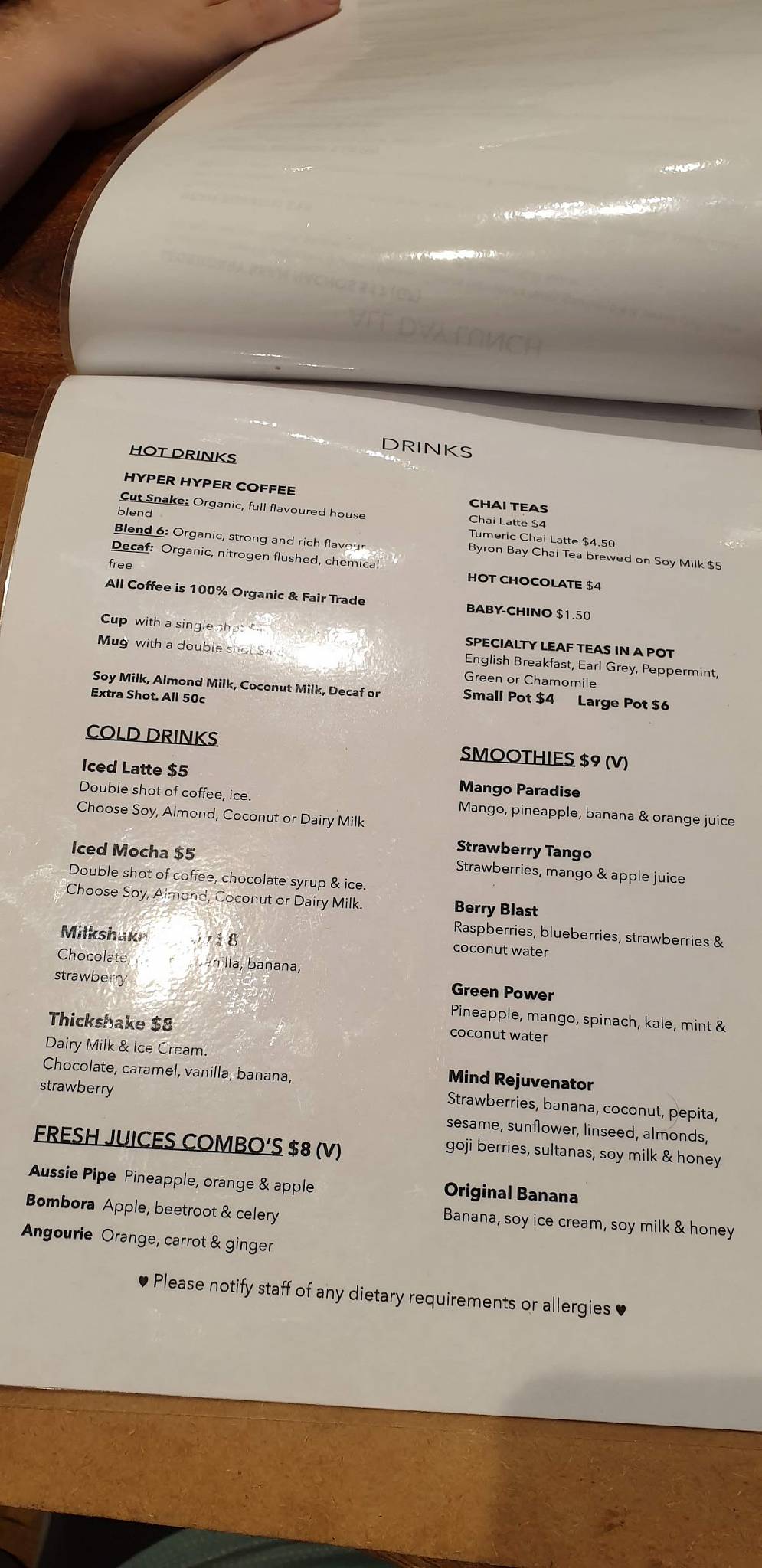 Menu at Perfect Break Cafe, Gerringong
