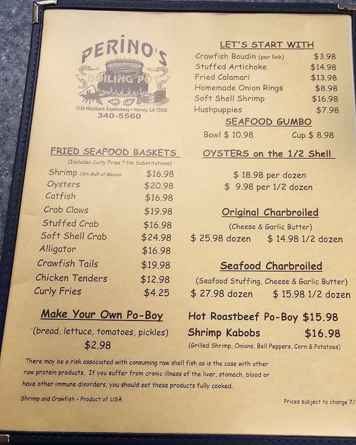 Menu at Perino's Boiling Pot restaurant, Harvey