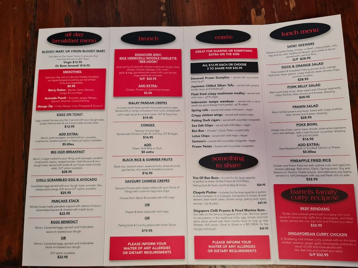Menu at Chapels on Whatley restaurant, Maylands