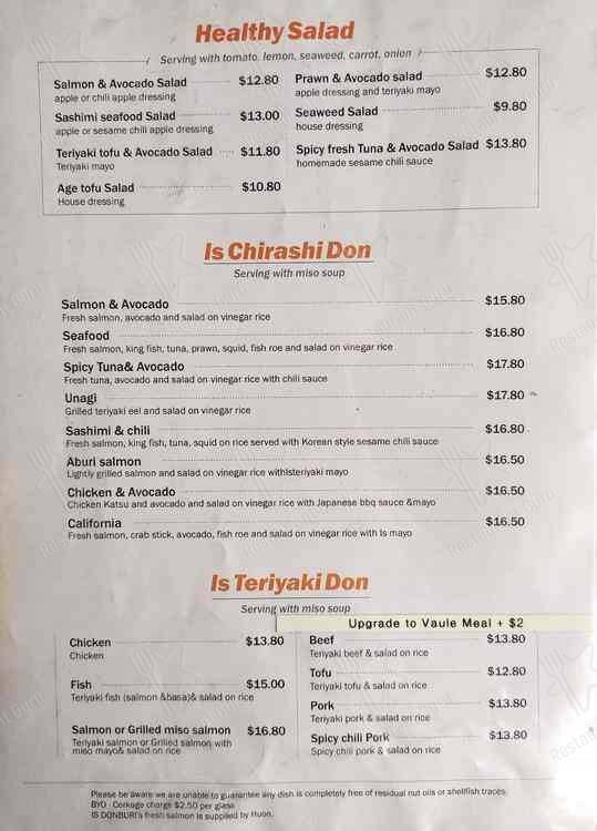 Menu at Is Donburi Dining Room restaurant, Northbridge, 227 William St