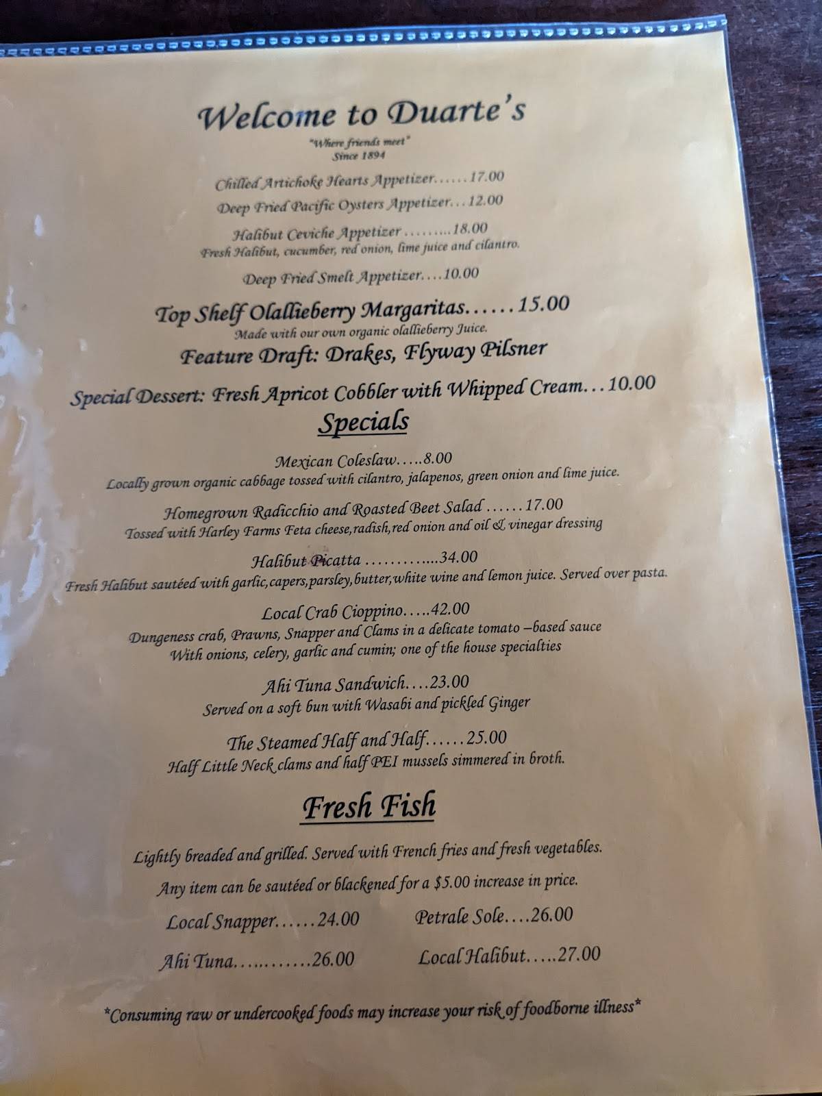 Menu at Duarte's Tavern restaurant, Pescadero