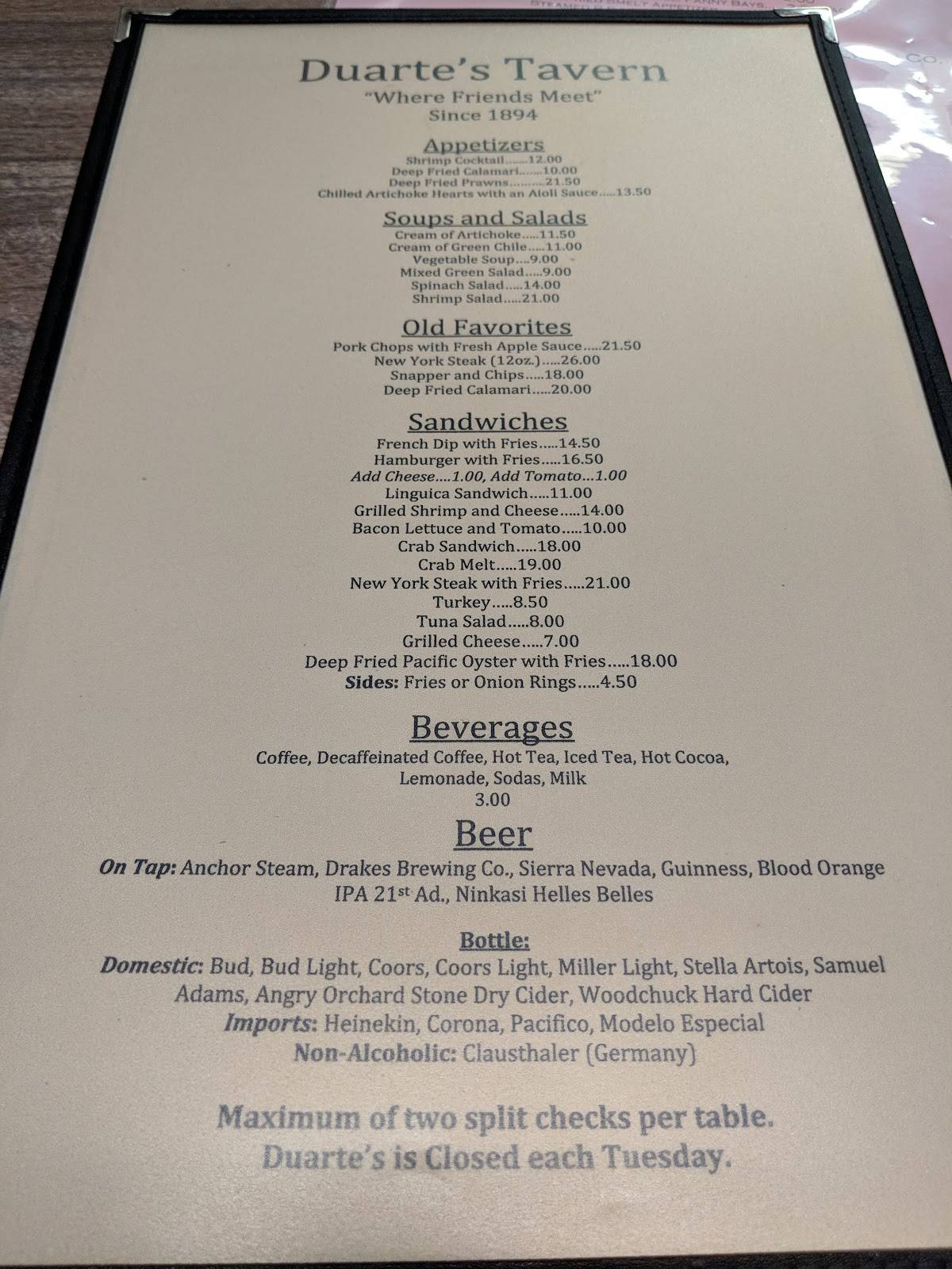 Menu at Duarte's Tavern restaurant, Pescadero