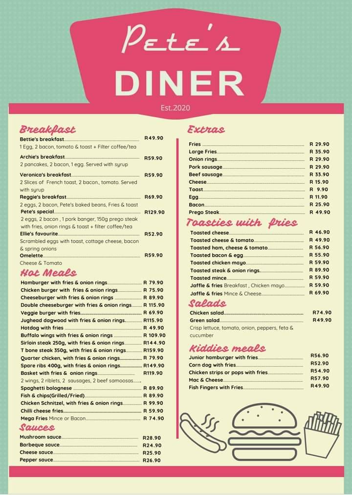 Menu at Pete's Diner restaurant, Walkerville