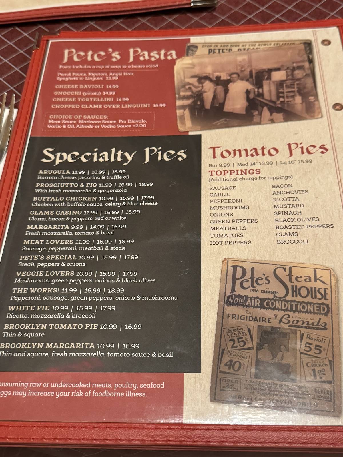Menu at Pete's Steakhouse Tavern, Hamilton Township