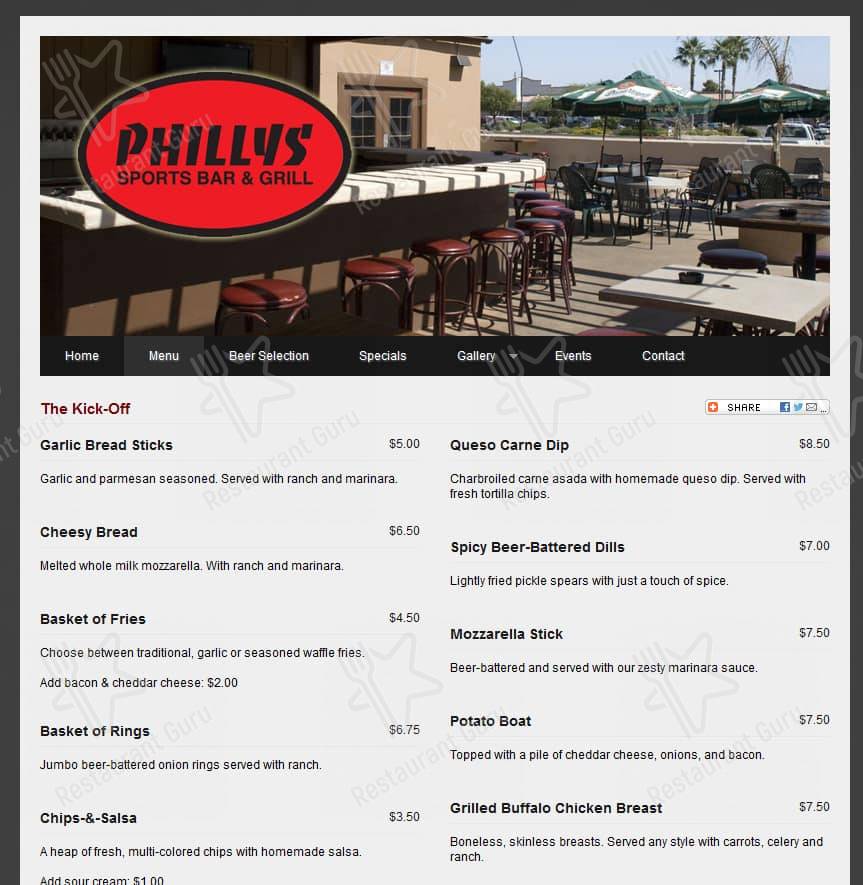 Menu at Philly's Sports Grill pub & bar, Tempe, S Priest Dr