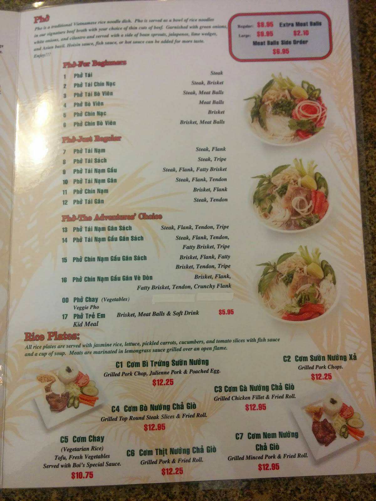 Menu at Pho Boi, A Taste of Vietnam restaurant, Nanaimo
