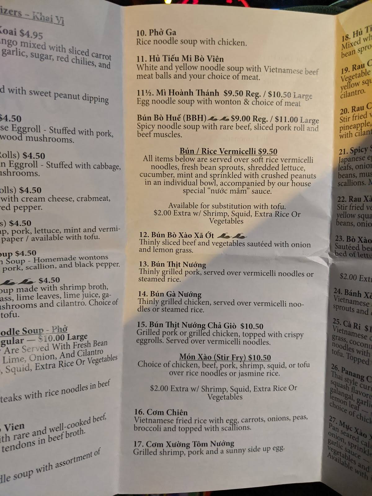 Menu at Pho Hong restaurant, Burlington