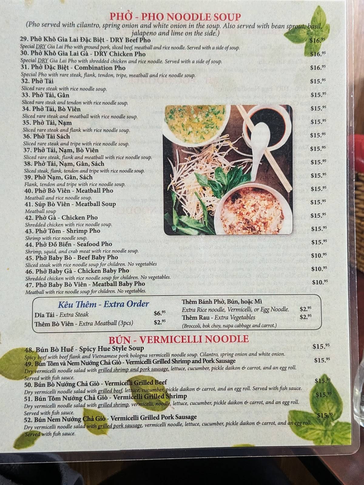 Menu at Pho Kho Gia Lai Vietnamese restaurant Pho, Libertyville