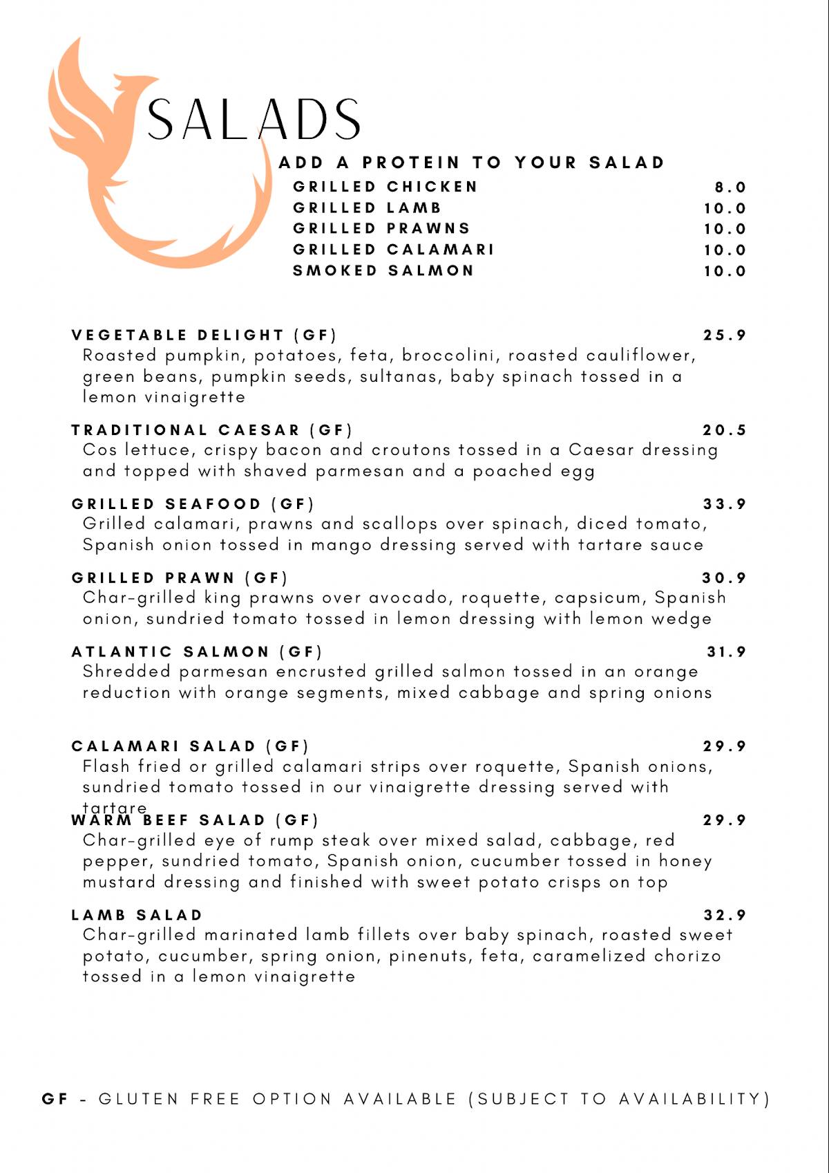 Menu at Phoenix and Co restaurant, Plenty