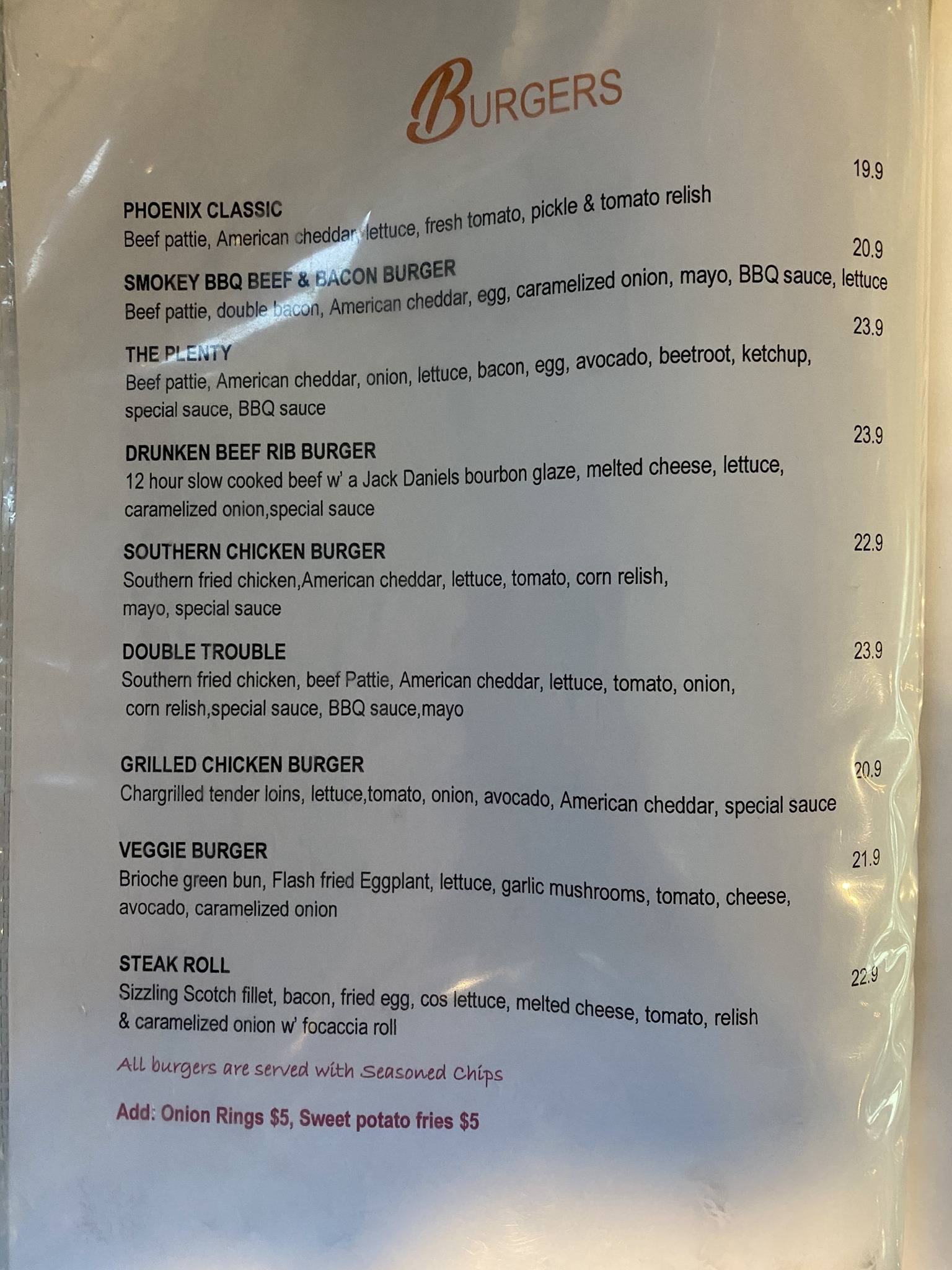 Menu at Phoenix and Co restaurant, Plenty