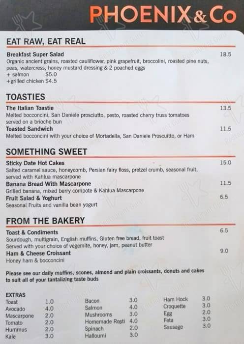 Menu at Phoenix and Co restaurant, Plenty
