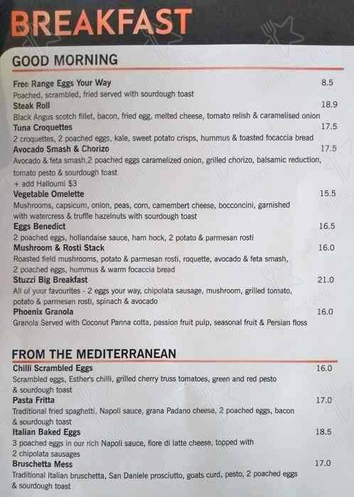 Menu at Phoenix and Co restaurant, Plenty