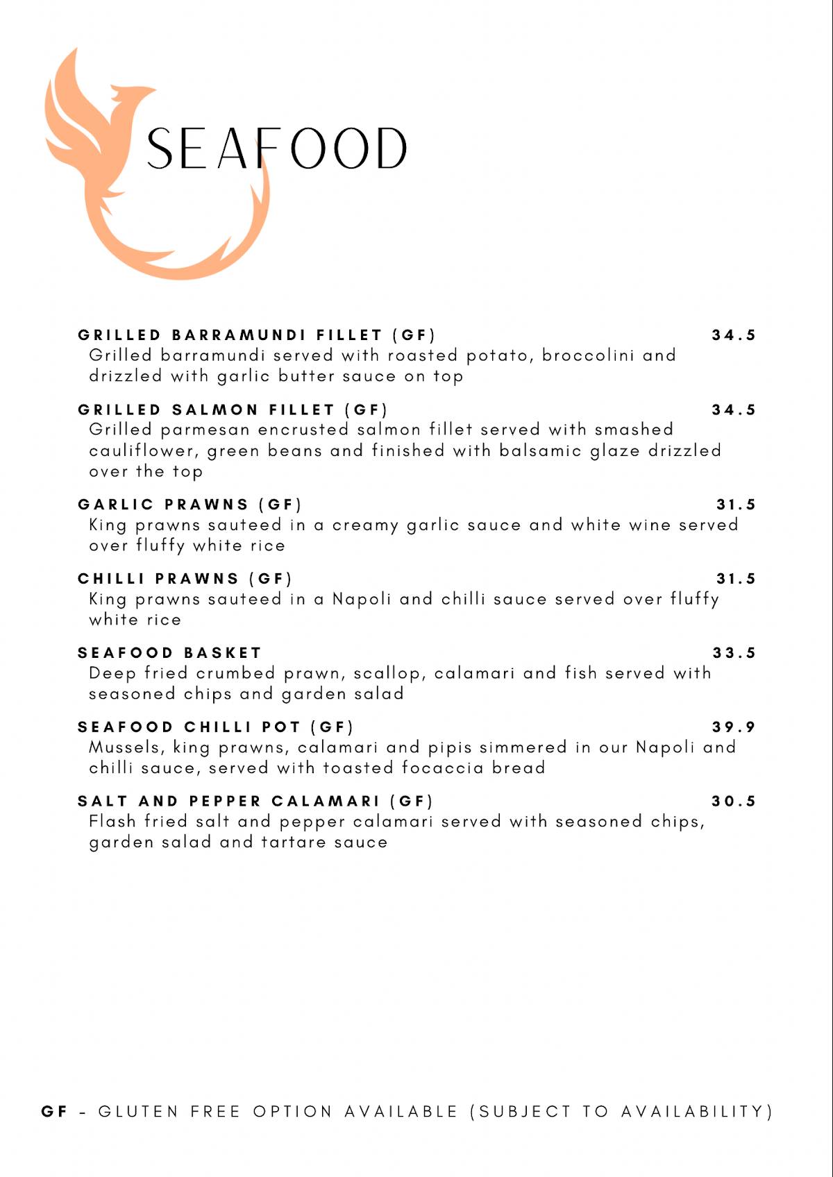 Menu at Phoenix and Co restaurant, Plenty