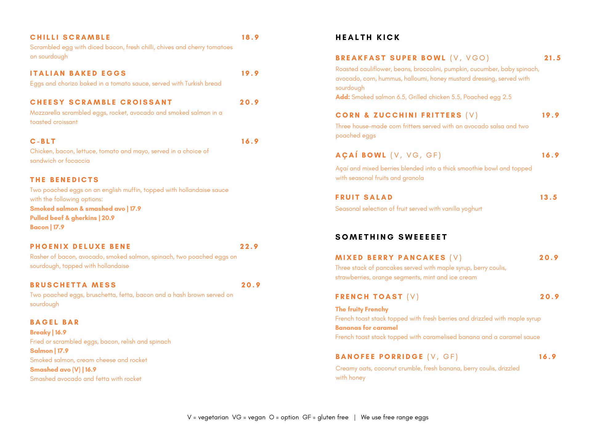 Menu at Phoenix and Co restaurant, Plenty