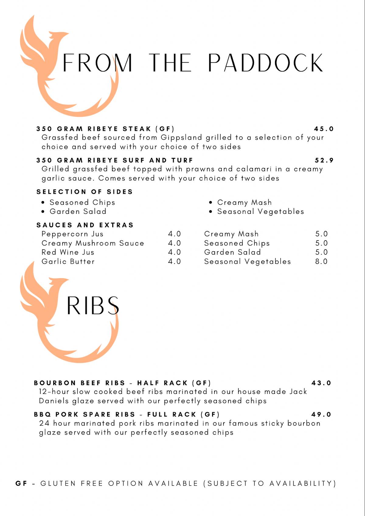 Menu at Phoenix and Co restaurant, Plenty