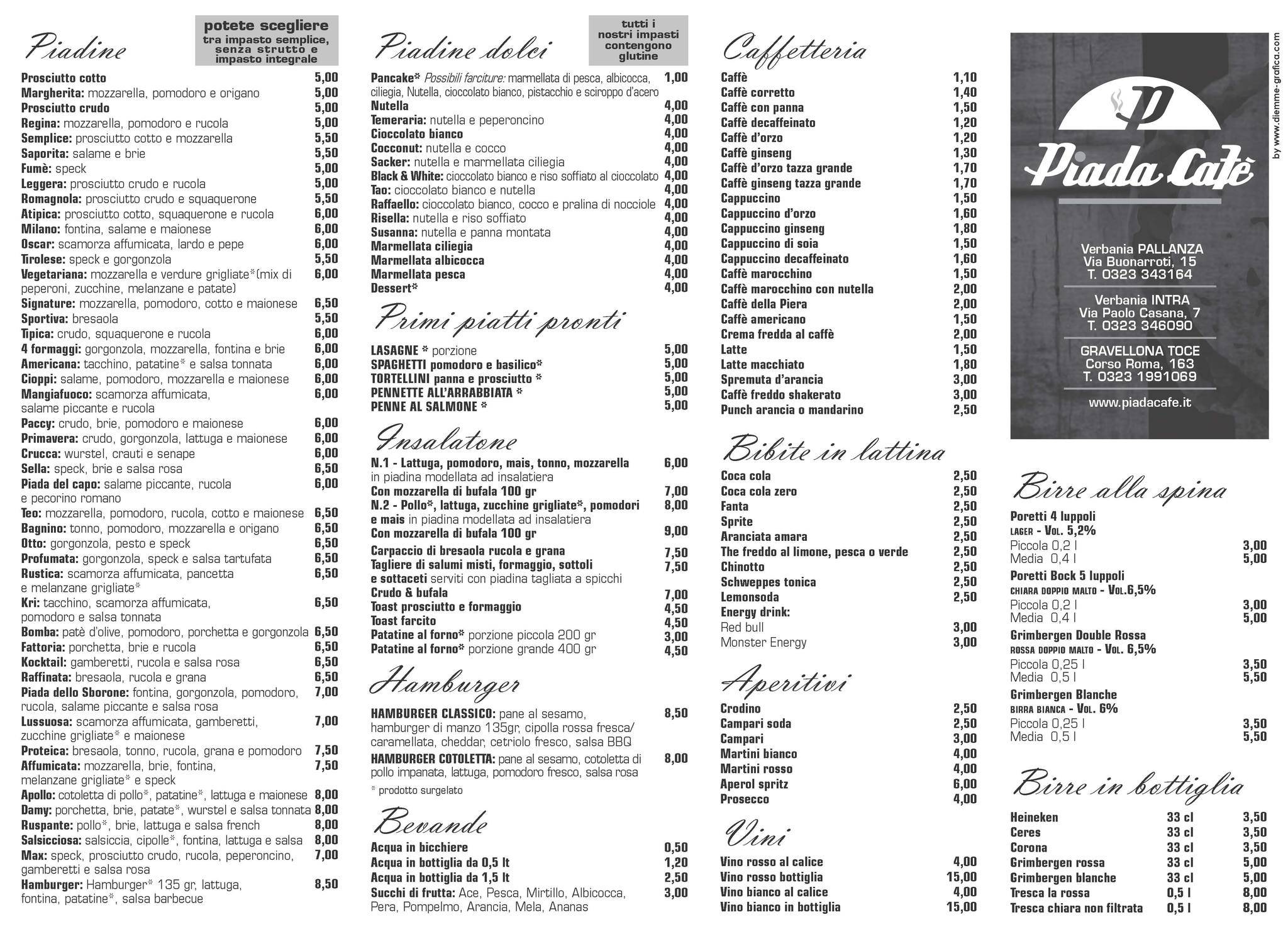 Menu da Piada Cafè ristorante, Verbania
