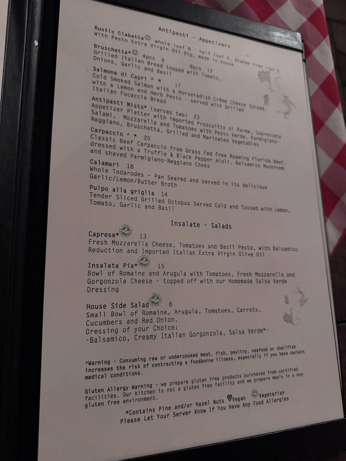 Menu at Pia's Trattoria restaurant, Gulfport