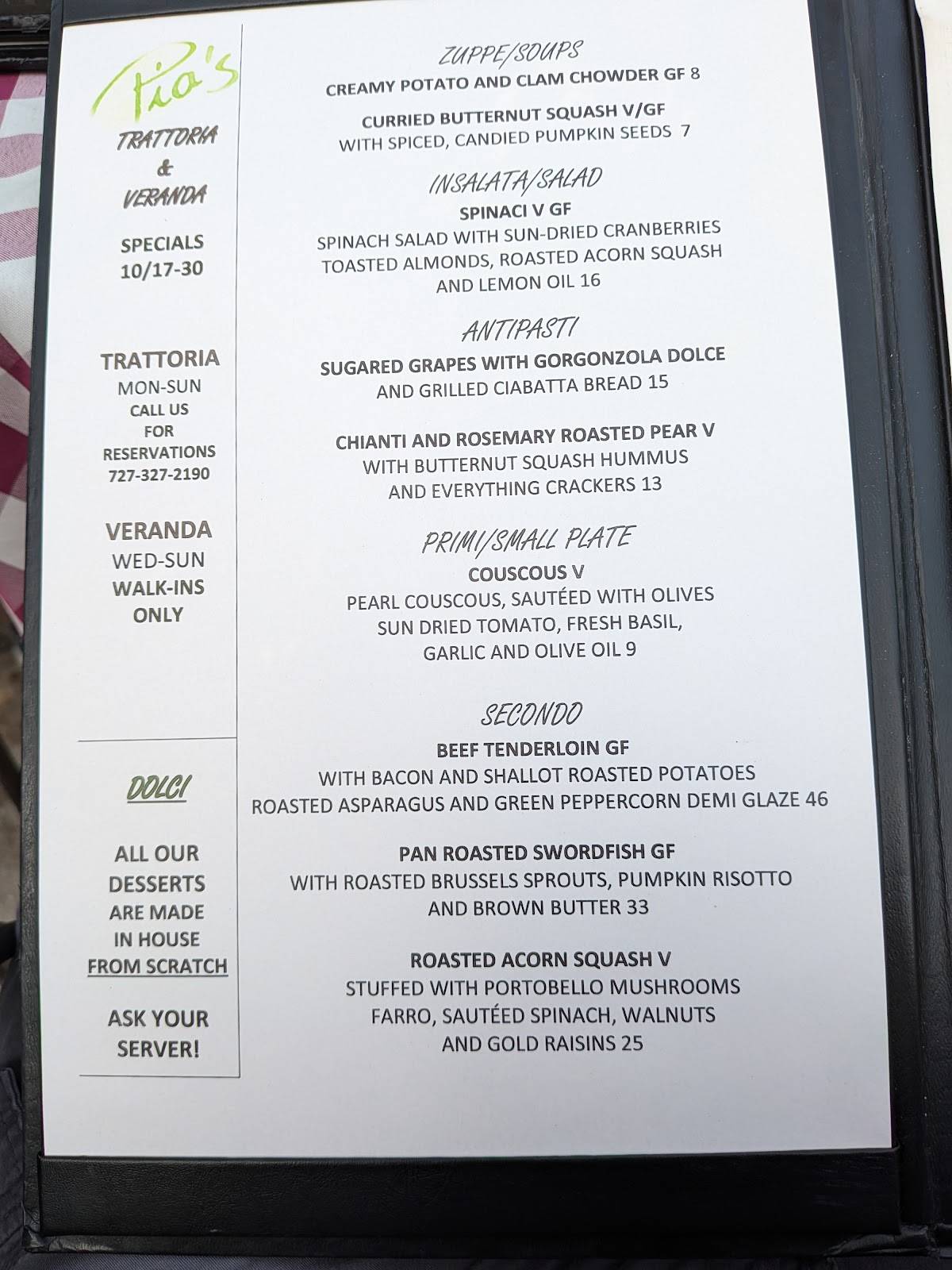 Menu at Pia's Trattoria restaurant, Gulfport
