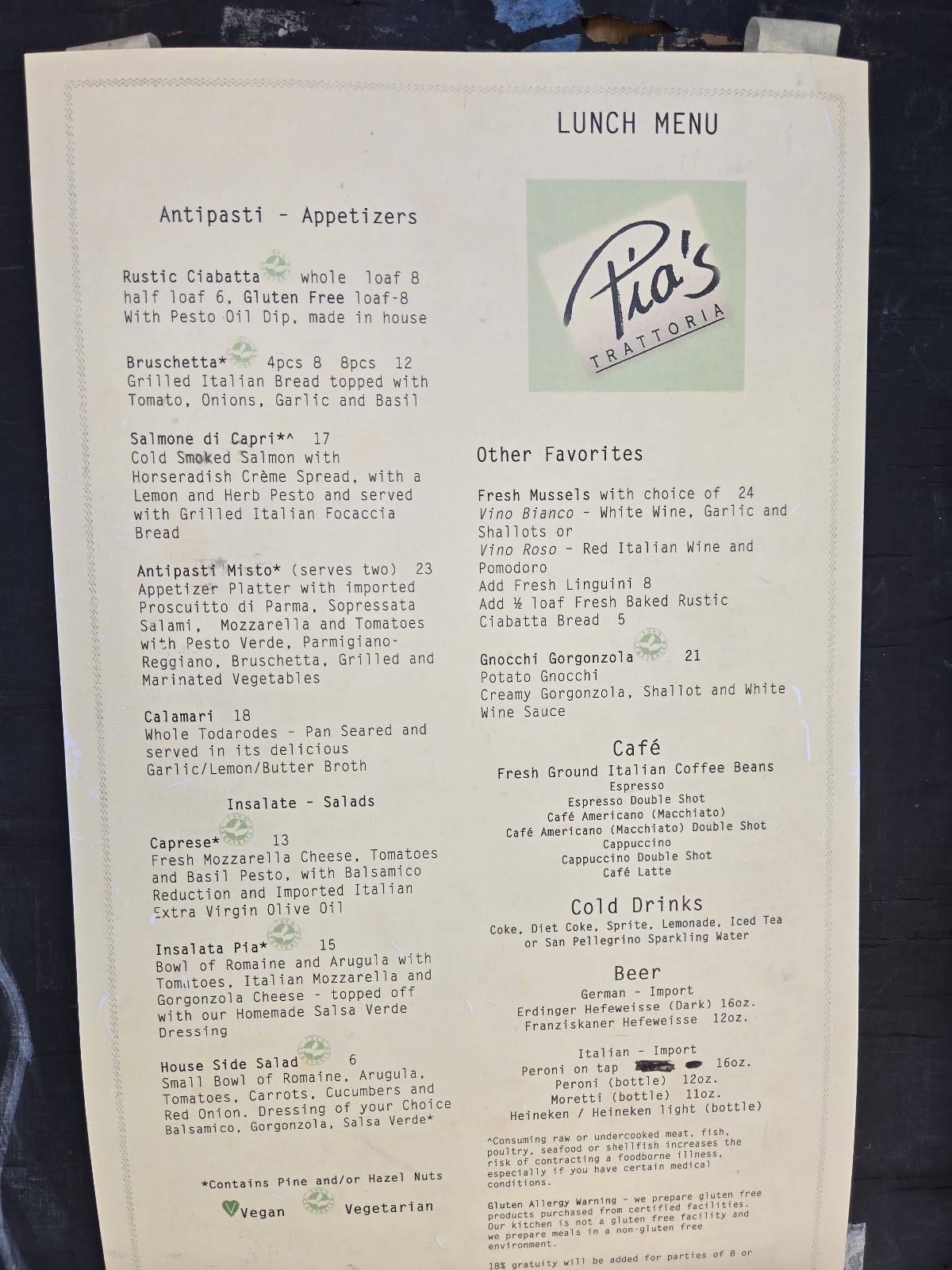 Menu at Pia's Trattoria restaurant, Gulfport