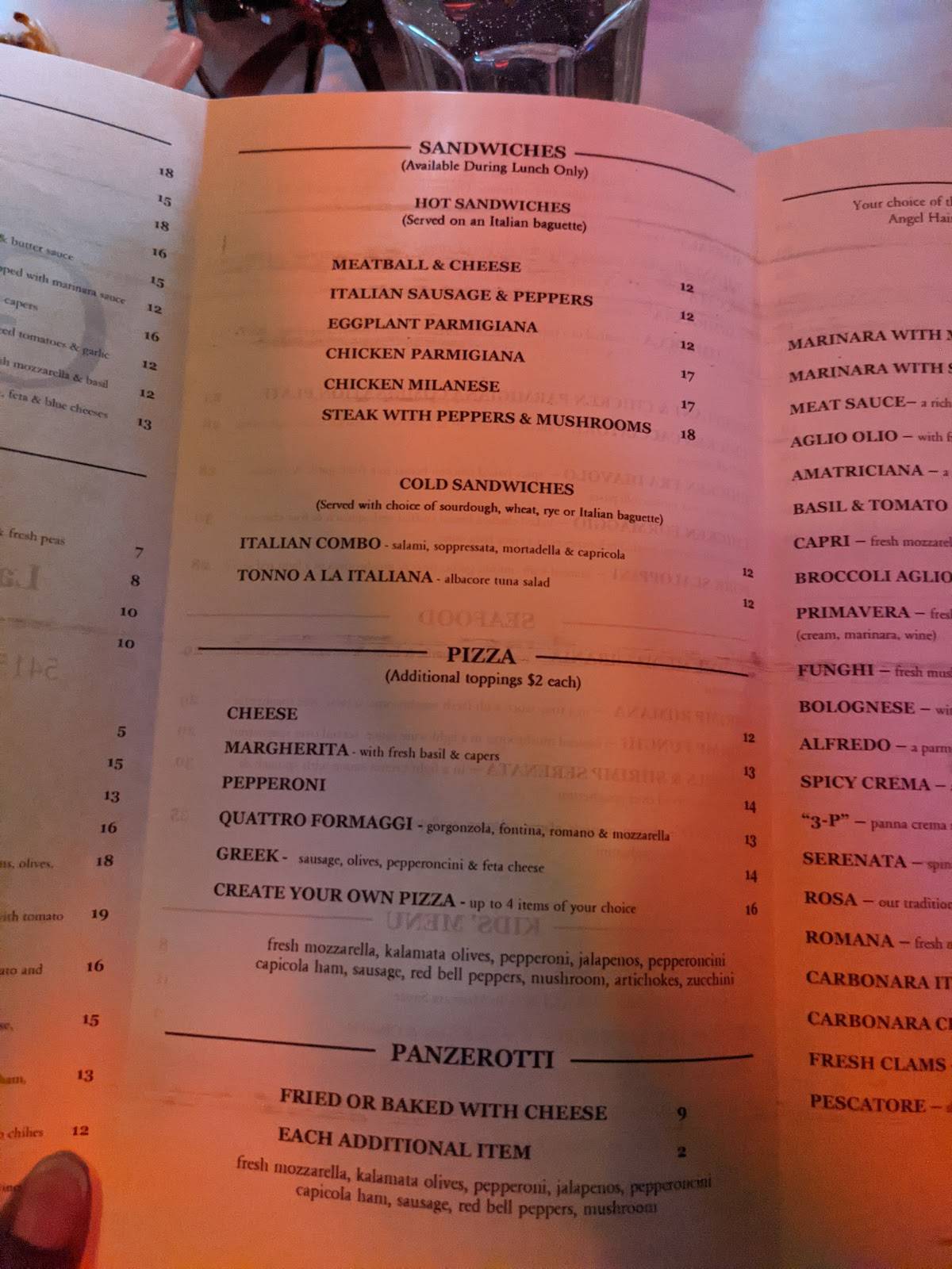 Menu at Piazza Gavi restaurant, Tucson