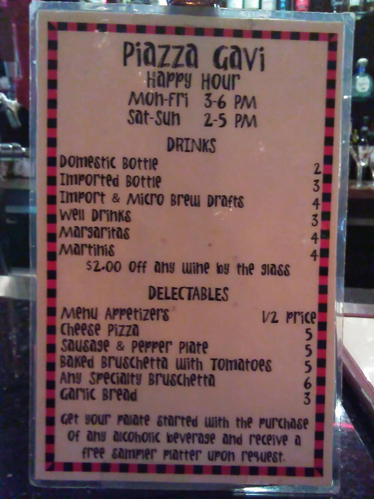 Menu at Piazza Gavi restaurant, Tucson