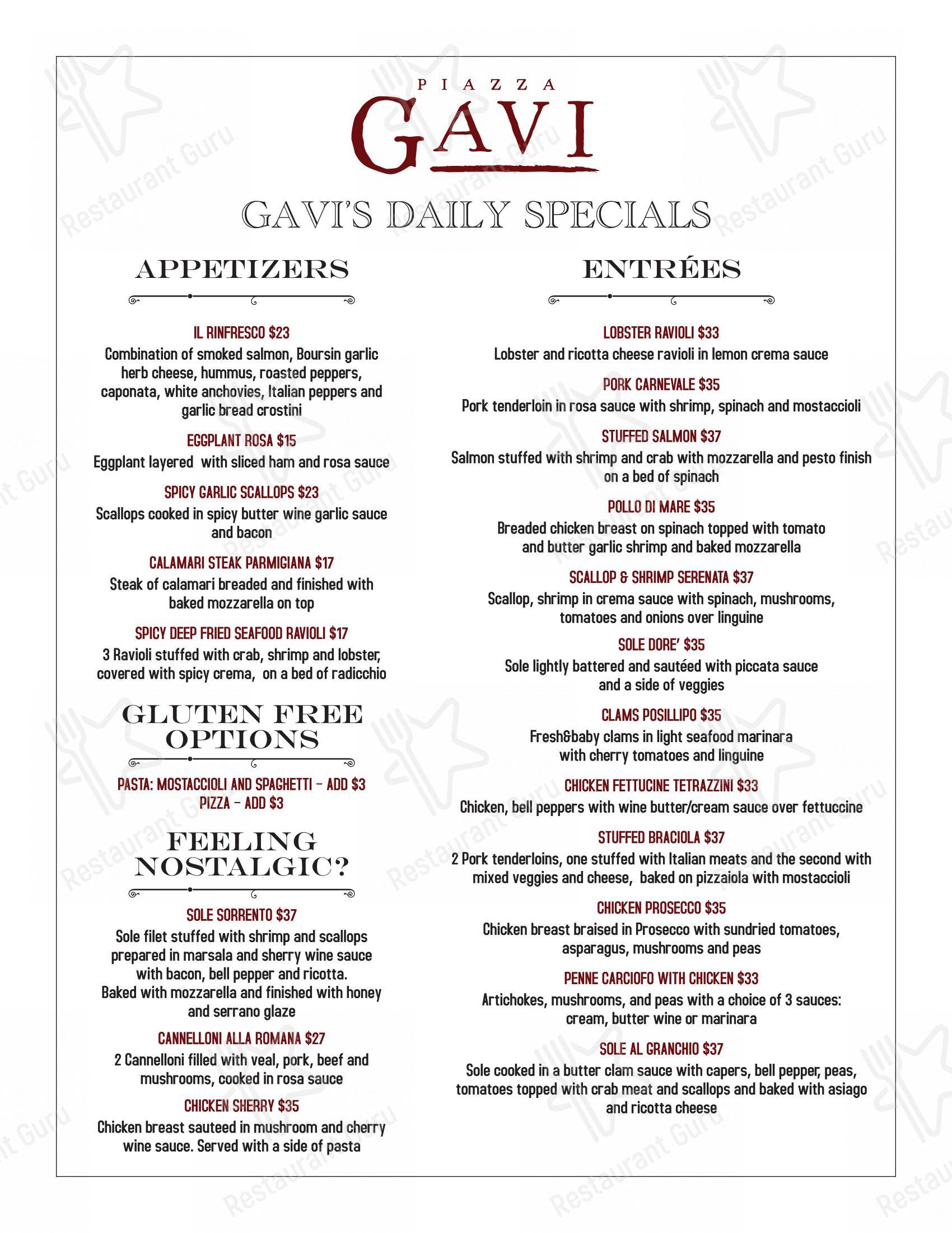 Carta del restaurante Piazza Gavi, Tucson