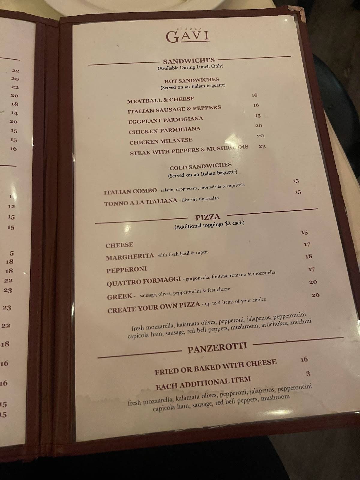 Carta del restaurante Piazza Gavi, Tucson