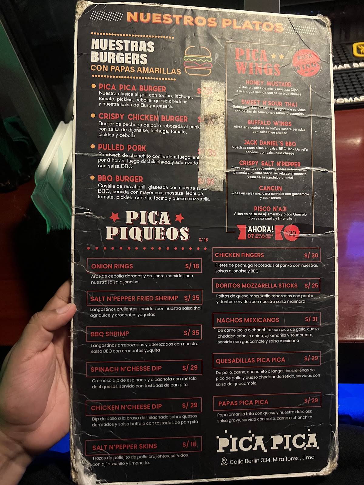 Carta del pub y bar Pica Pica, Miraflores