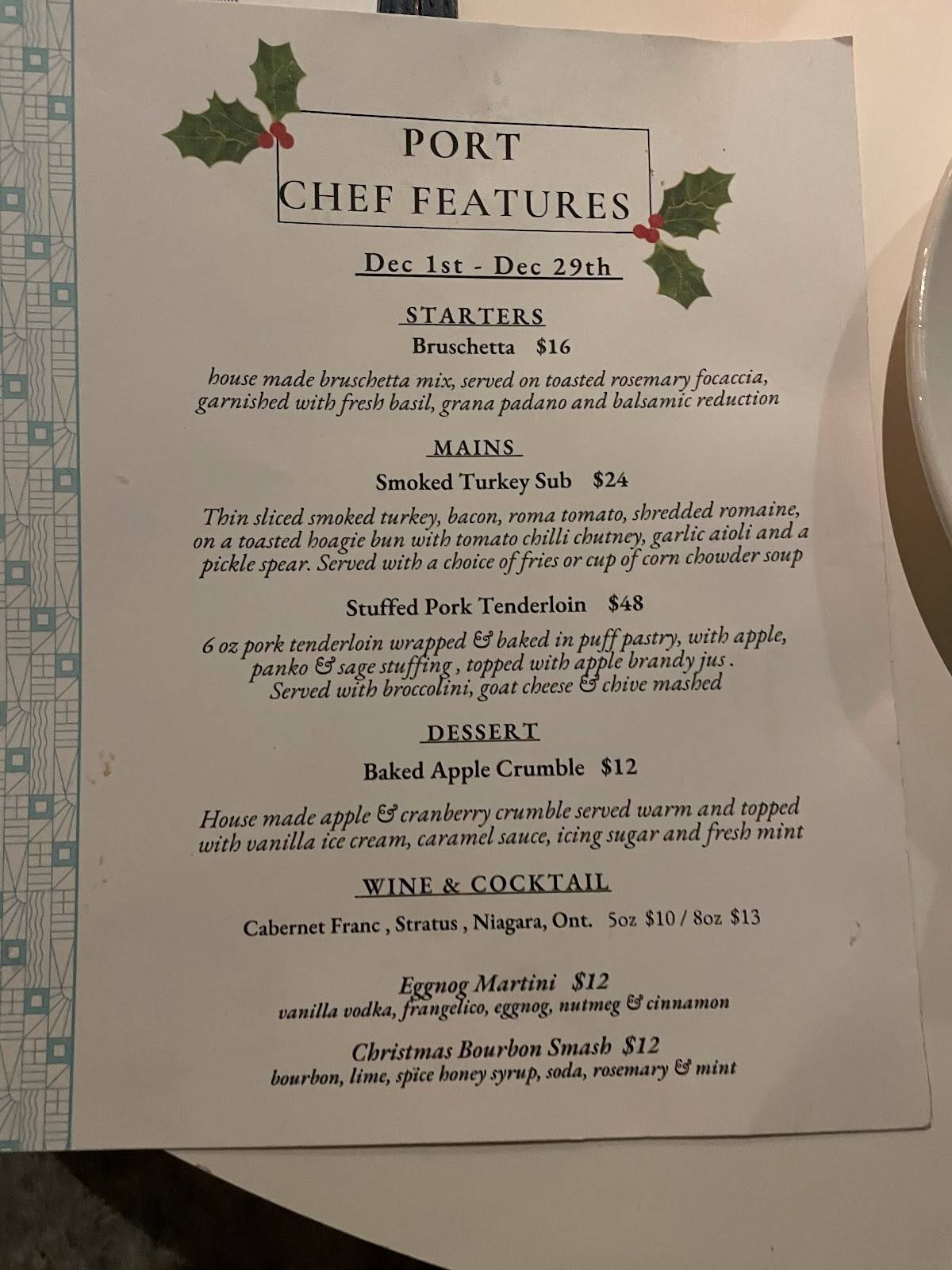 Menu at PORT restaurant, Pickering