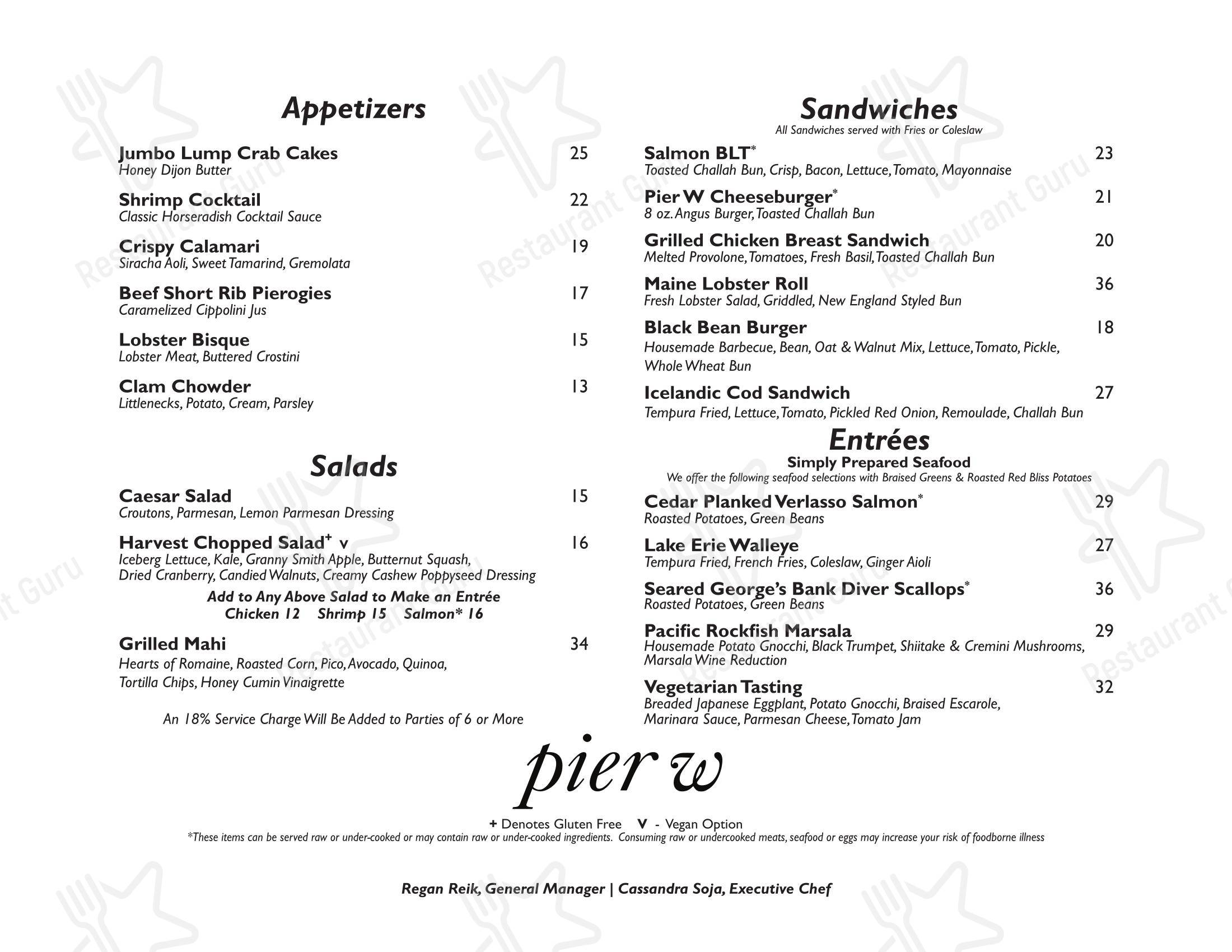Menu at Pier W restaurant, Lakewood