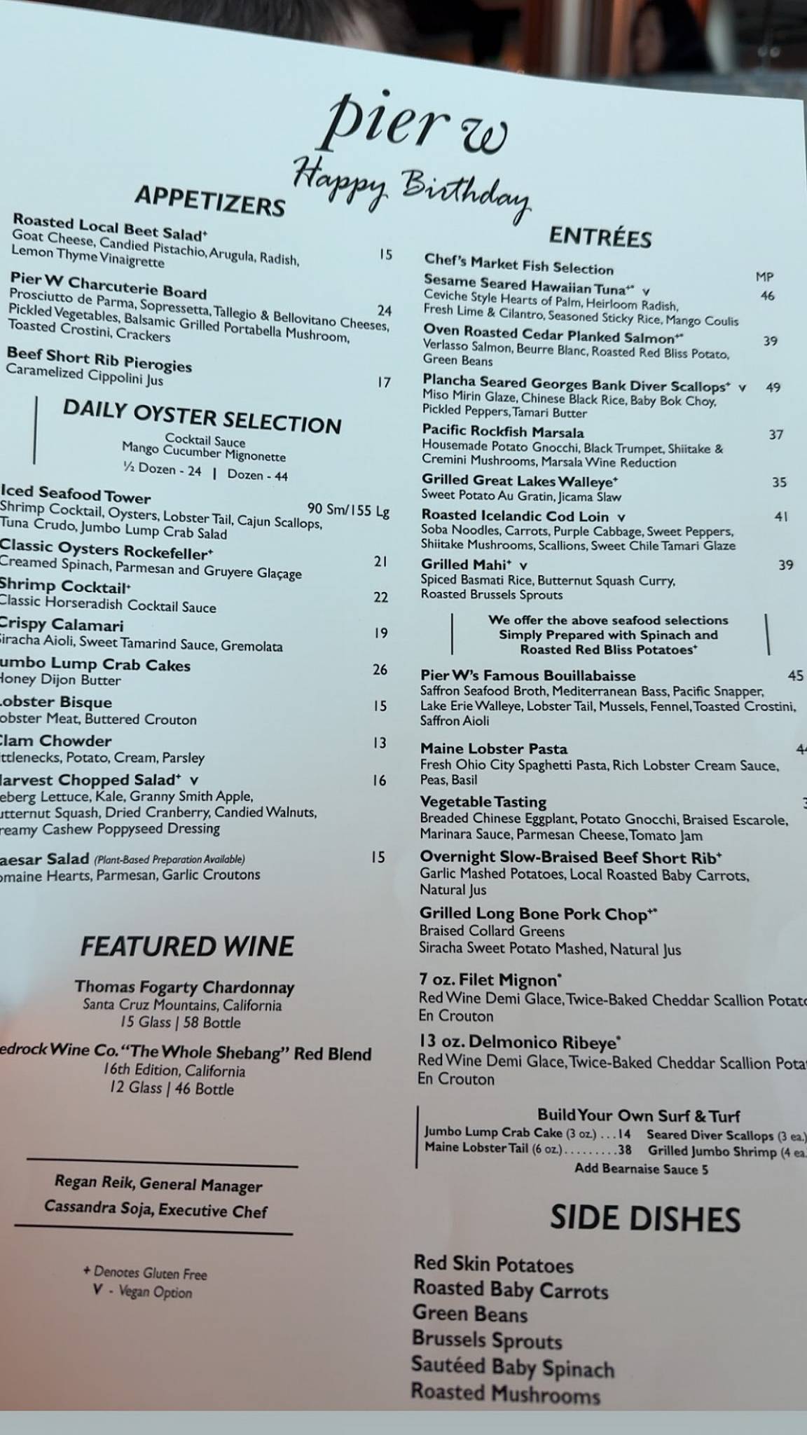 Menu at Pier W restaurant, Lakewood