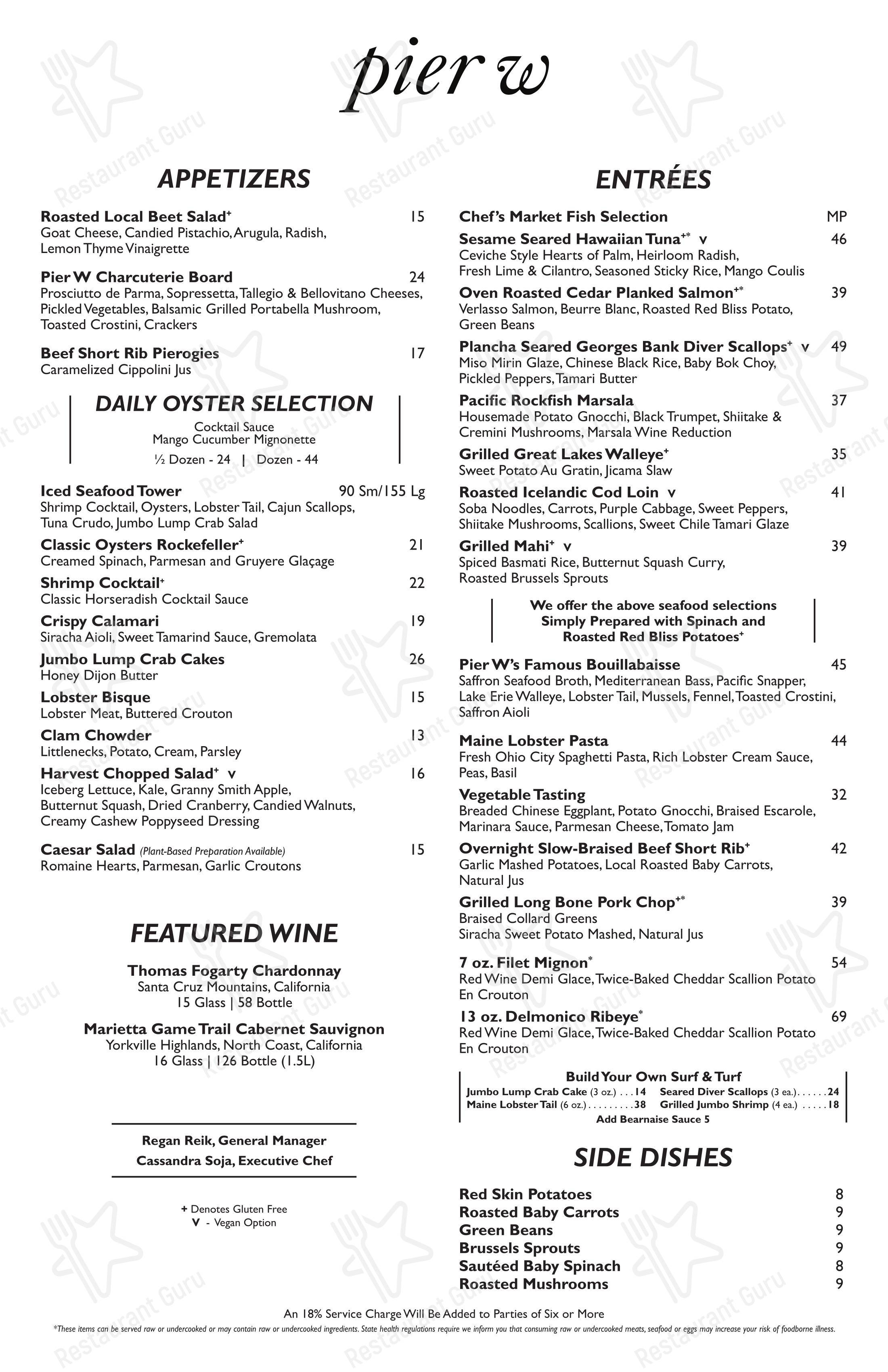 Menu at Pier W restaurant, Lakewood